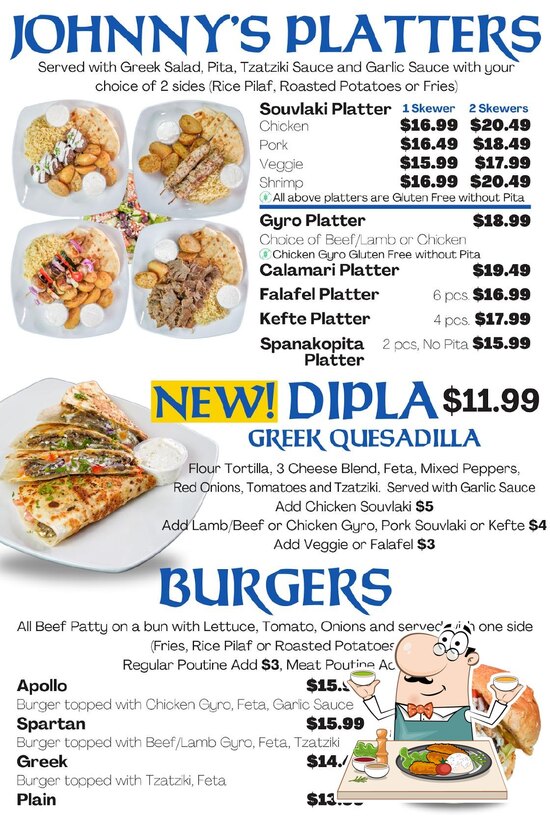 Menu at Johnny Greeko's restaurant, Brantford