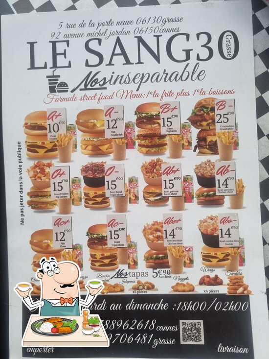 Menu au Snack Le sang 50 ( le 150) restaurant, Cannes