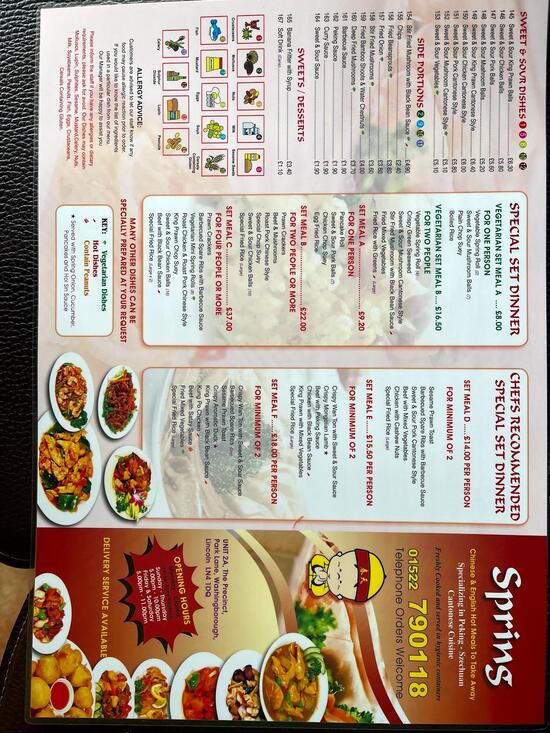 Menu at Spring Chinese fast food, Lincoln