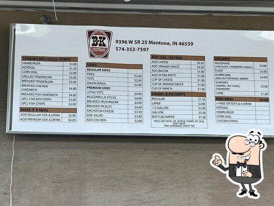 Menu at Mentone B&K restaurant, Mentone