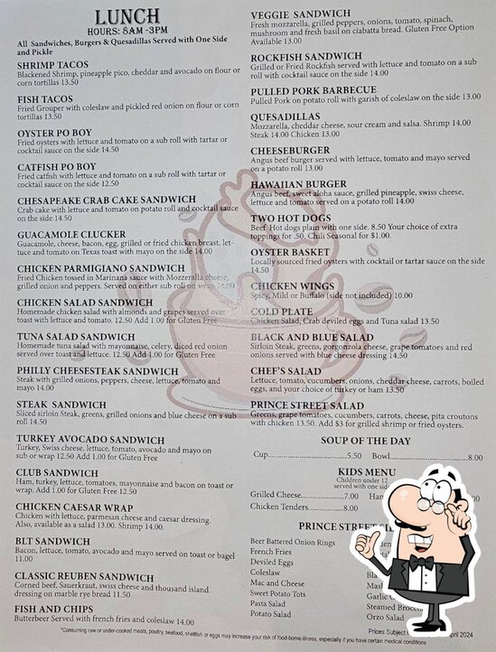 Prince Street Café at Hobbs Hole, Tappahannock - Restaurant menu ...